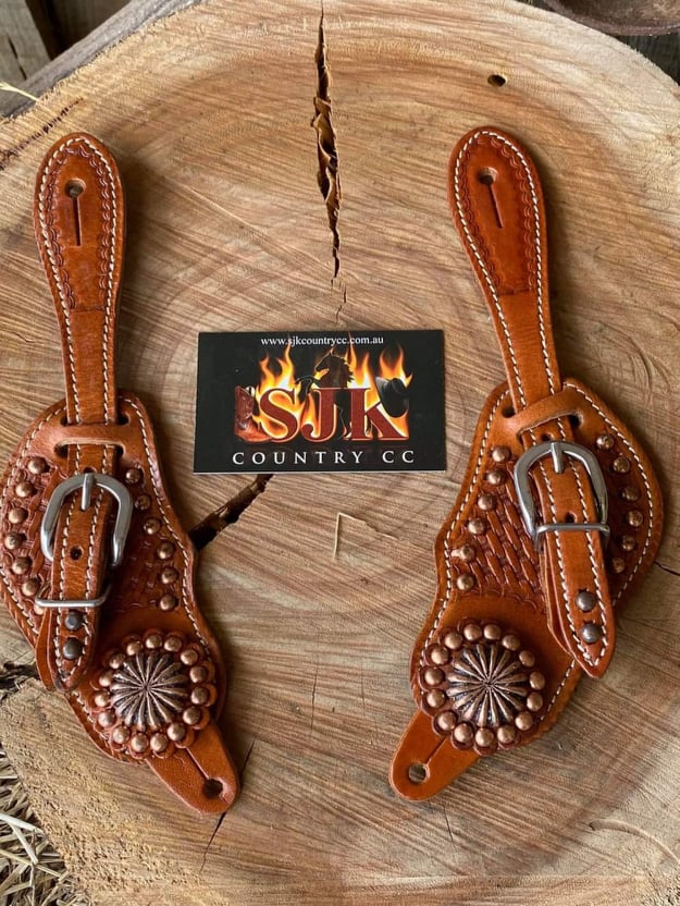 Straps - Leather basket weave tooled spur straps with copper accents ...