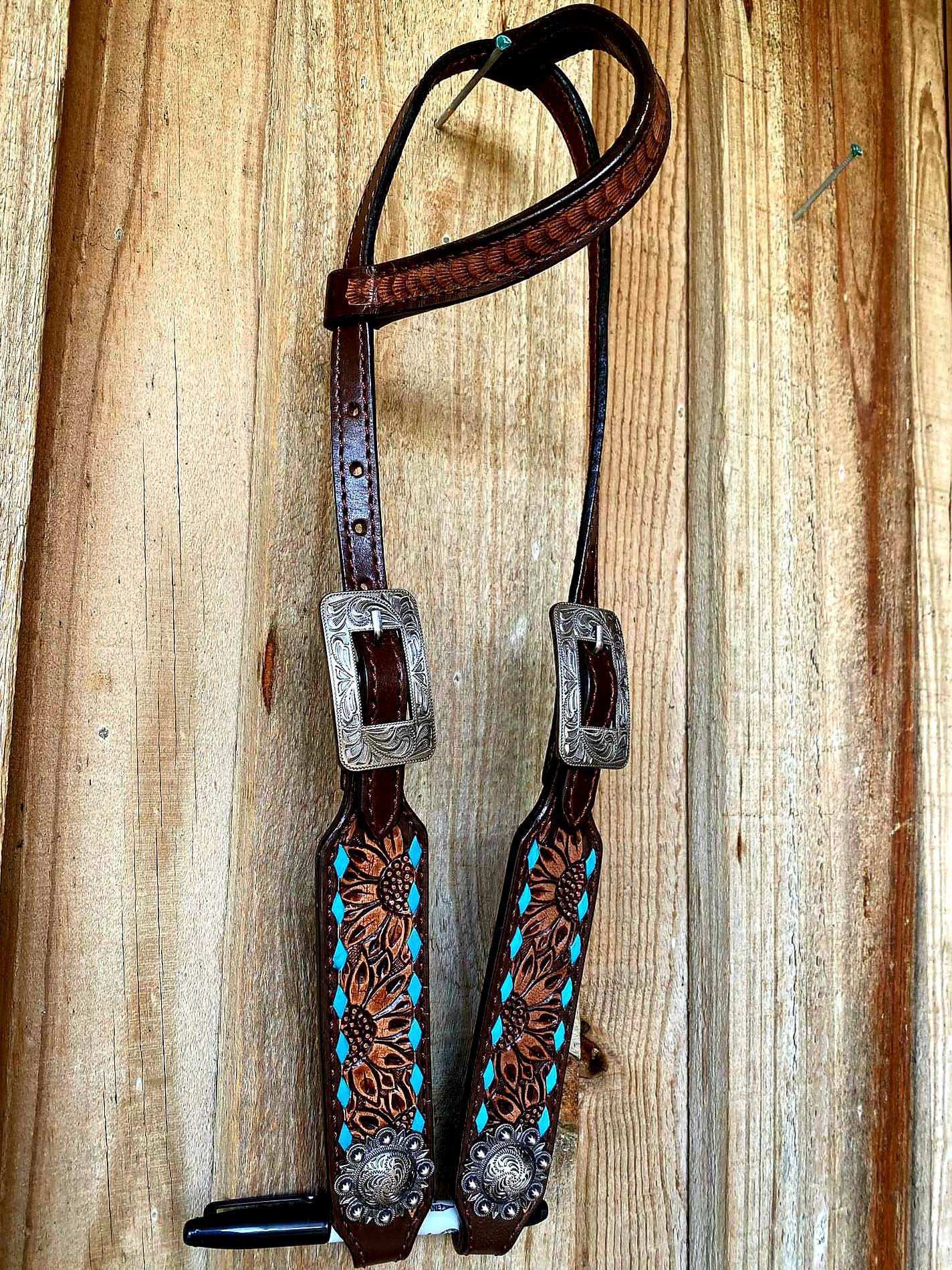 Western Tack Set - Sunflower Tooled Tack set with Teal Buckstitch trim ...